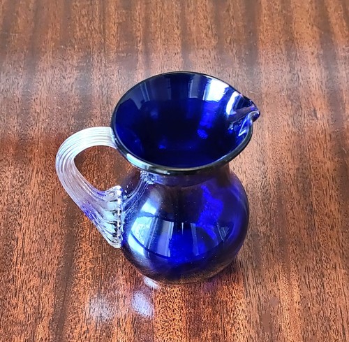 Vintage Pilgrim Glass Cobalt Blue Pitcher 4” w/Clear Ribbed Applied ...
