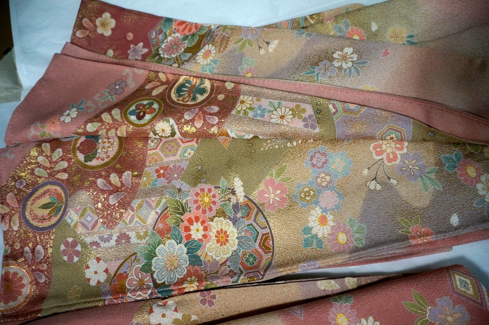 Japanese fine kimono"HOMONGI" GLD/SIL leaves,the Nobility Pattern,M ,L5 ...