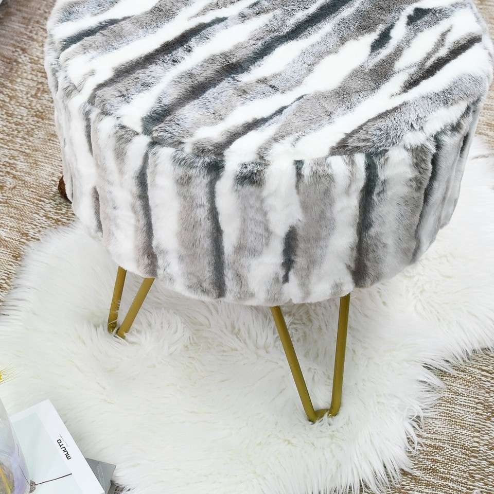 Luxury Plush Multi Jacquard Faux Fur Ottoman Round Foot Rest Stool for ...