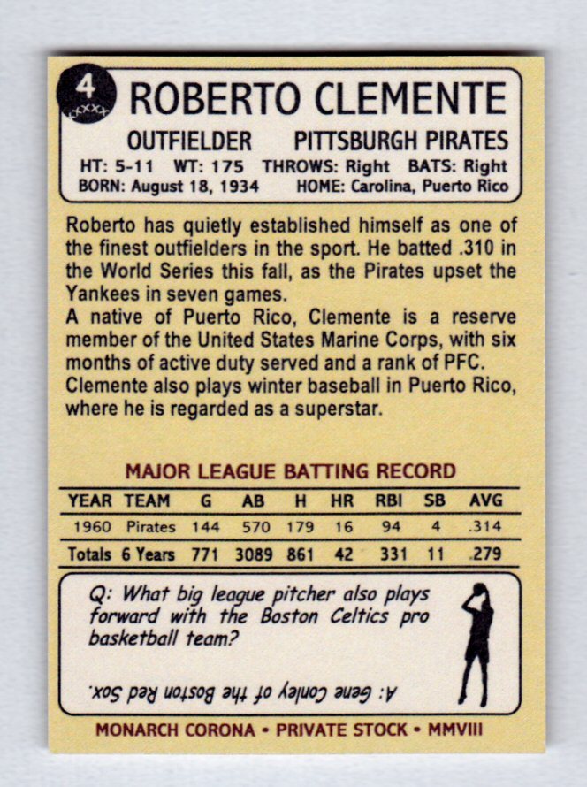 Roberto Clemente '60 Pittsburgh Pirates / Monarch Corona Private Stock ...