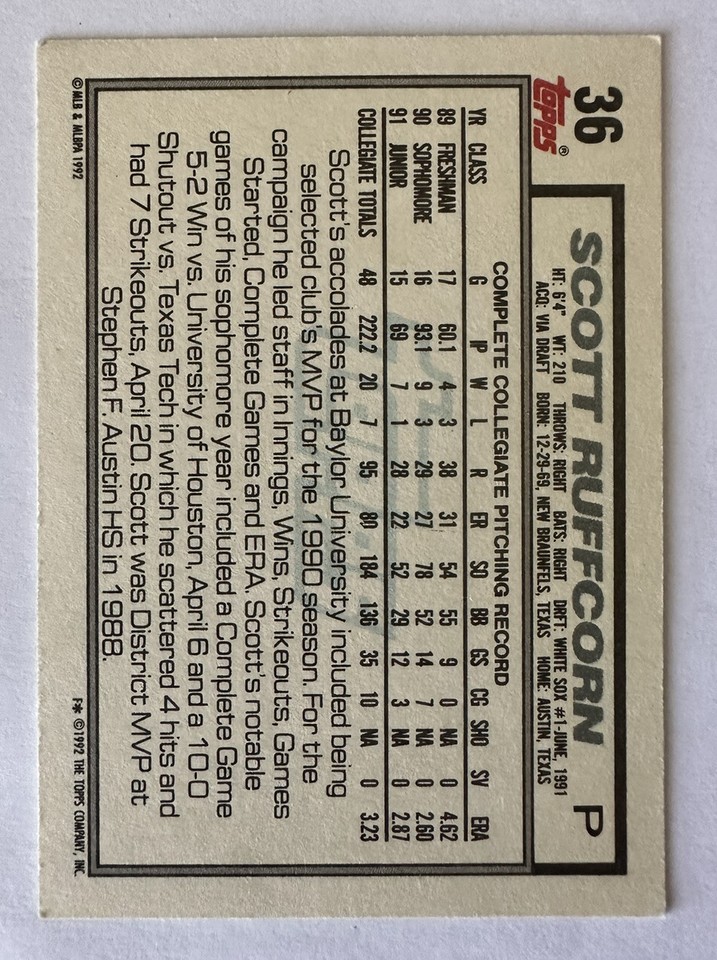 Scott Ruffcorn 1992 Topps #36 Draft Picks White Sox, Excellent ...