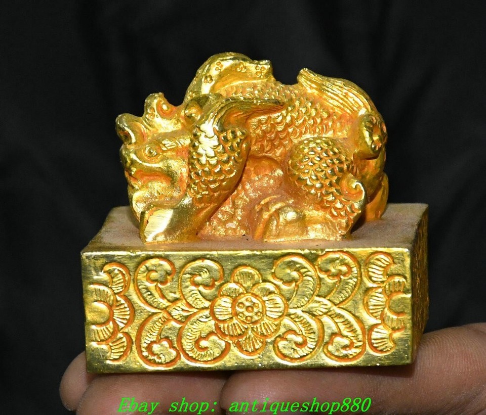2.3''Old Chinese Dynasty Bronze Gilt Dragon Loong Beast Seal Stamp ...