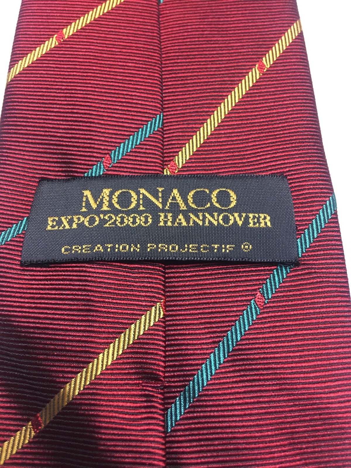 MONOCO EXPO 2000 MENS TIE RED WITH GREEN GOLD STRIPES… - Gem