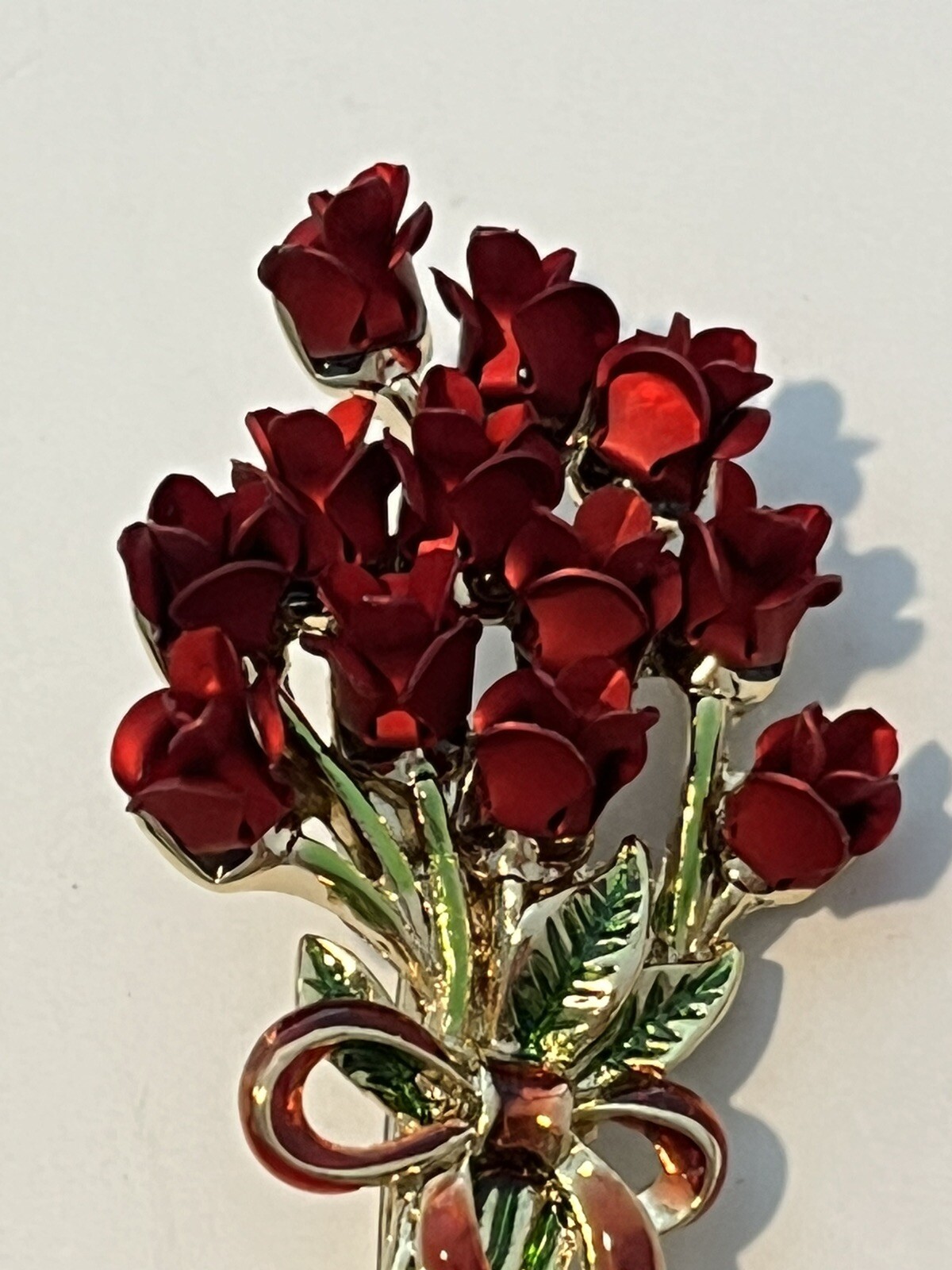 Vintage Enamel Bouquet Of 12 Red Roses Tied With A Bow Brooch Pin With ...