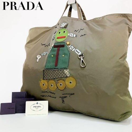 PRADA Hand Bag Tote Purse Robot embroidery Nylon Green fits documents ...