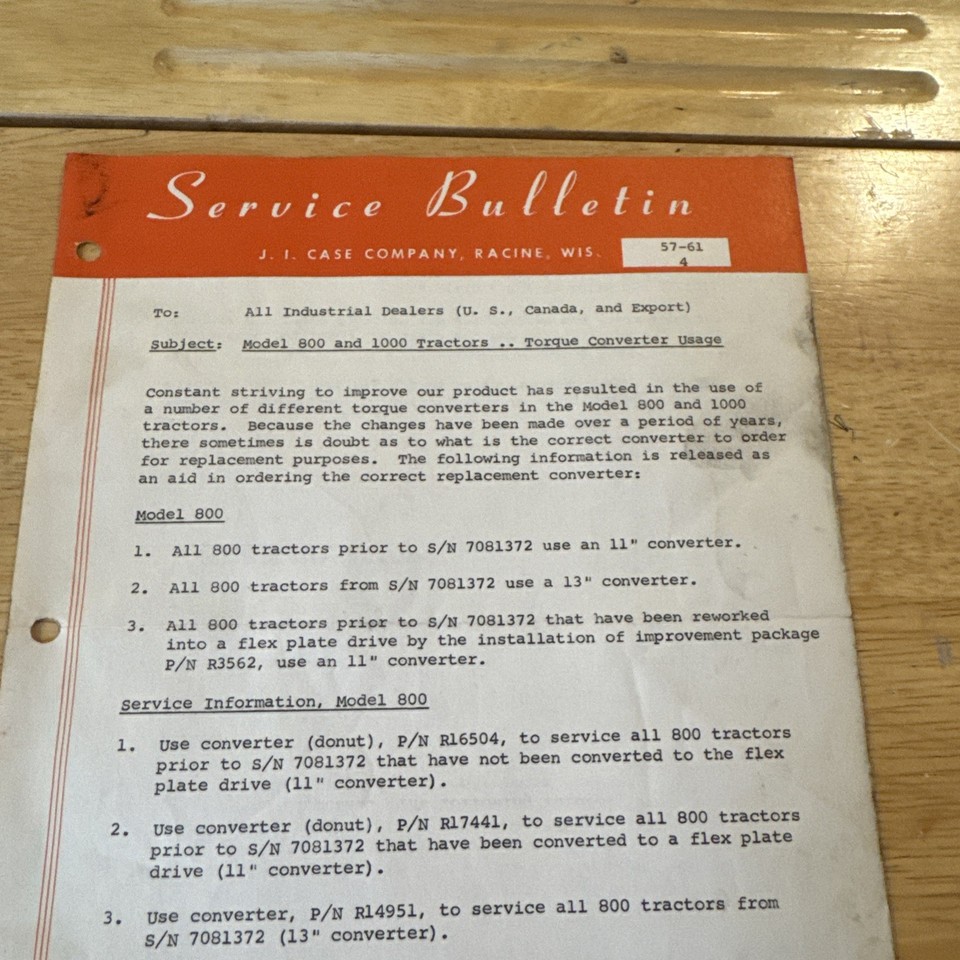 1961 J.I Case Service Bulletin Models 800 And 1000 Tractors | eBay