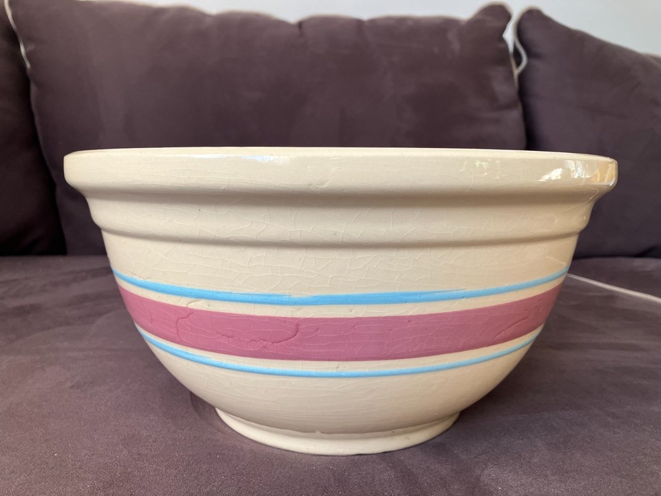 Vintage 12" Oven Ware Pink & Blue Stripe Mixing Bowl Pottery Large #12 ...