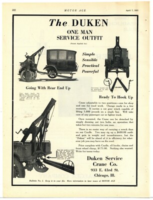1921 Duken Service Crane Co. Ad: Wrecker/Tow Truck Attachment - One Man ...