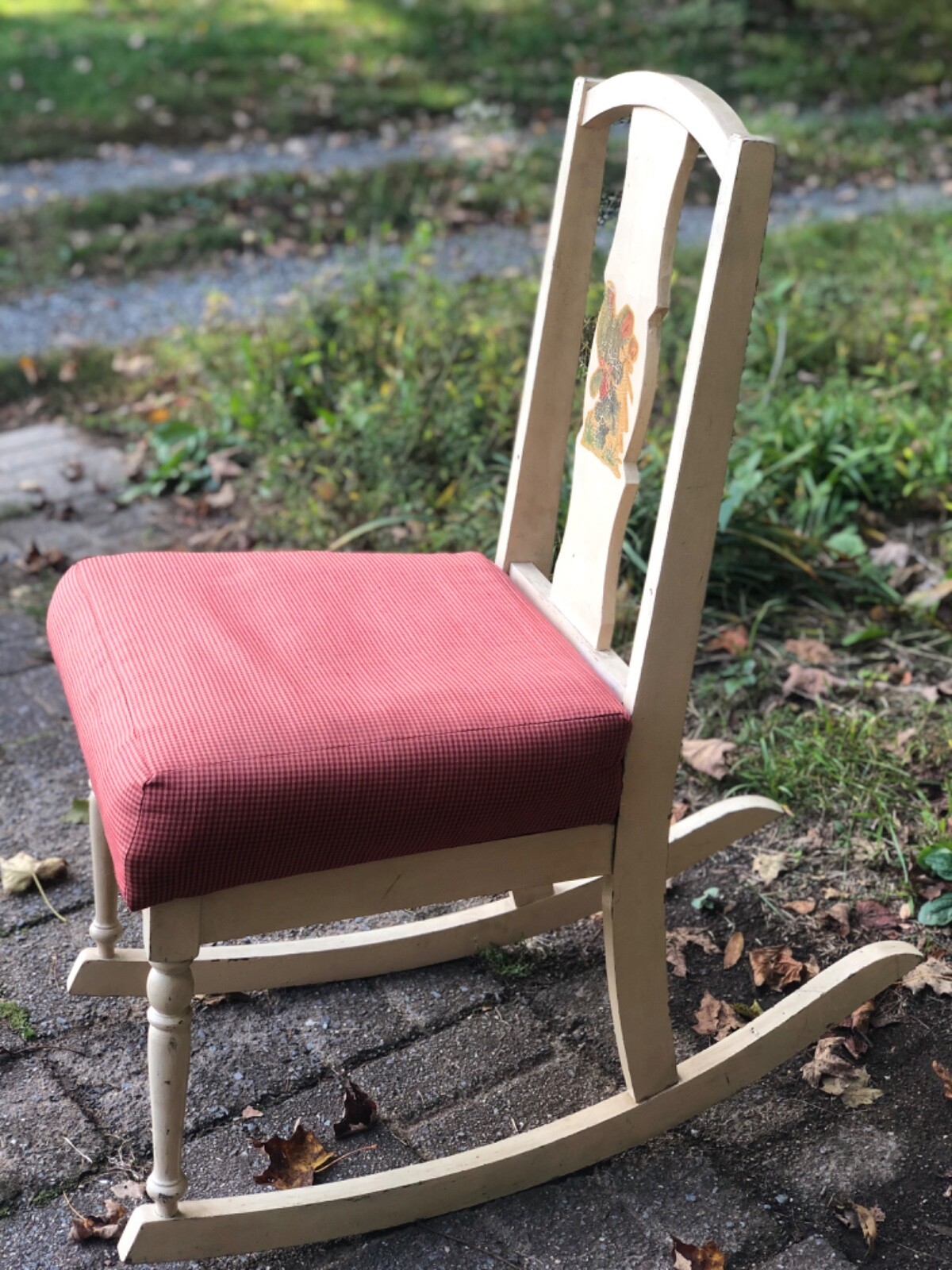 Wooden painted beige rocking chair with red checkered cushion seat ...