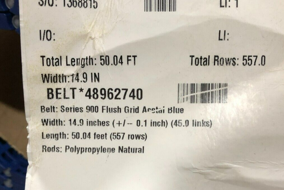 New Intralox Series 900 Flush Grid Acetal Blue Conveyor Belt 14.9"W x ...