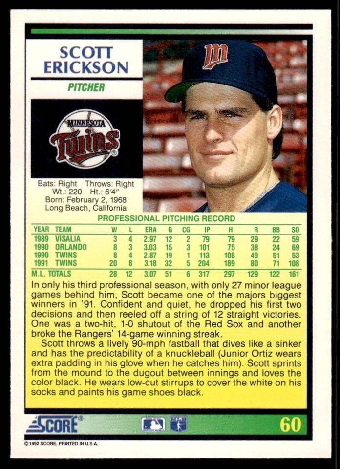 1992 Score Baseball Card Scott Erickson Minnesota Twins #60 | eBay