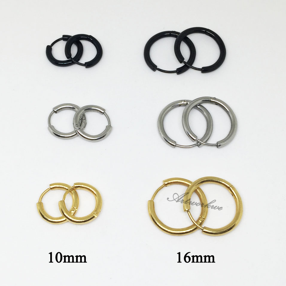 10/16mm (2 Pairs) Mens Womens Stainless Steel Tube Hoop Ear Ring Stud ...