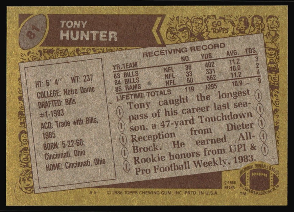 1986 Topps Tony Hunter Rookie #81 Los Angeles Rams | eBay