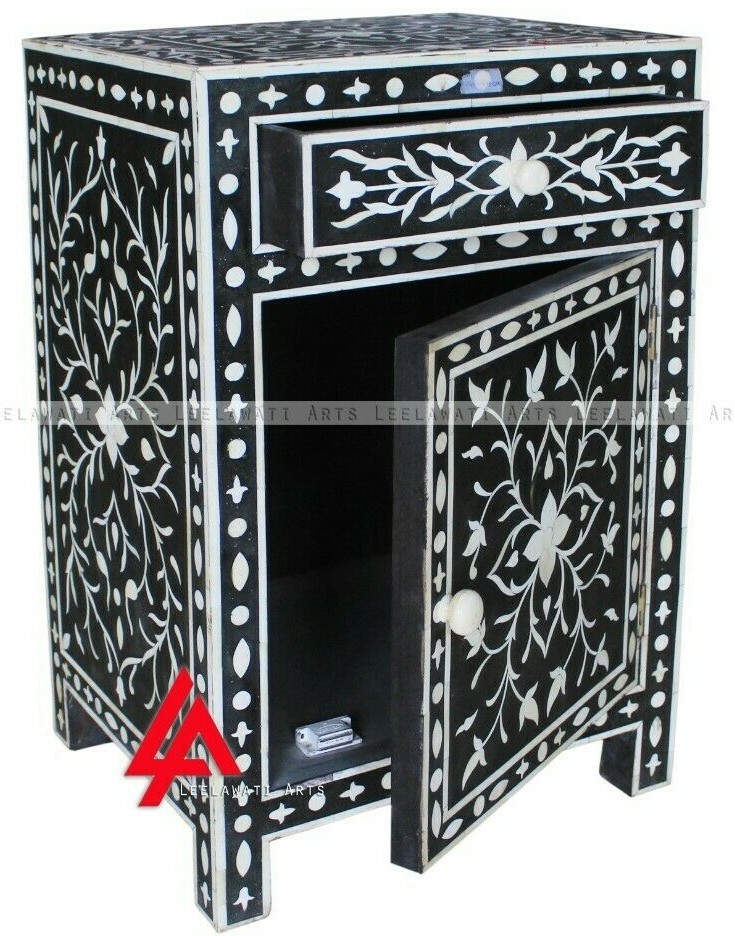 Wood Bone Inlay 1 Door 1 Drawer Bedside Table | eBay