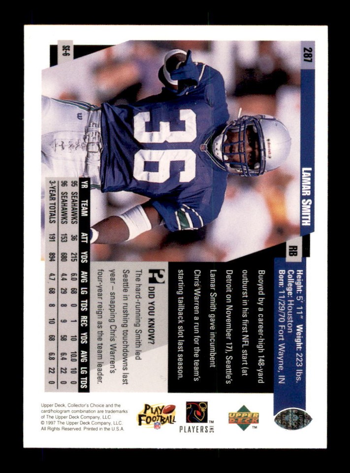 1997 Football Upper Deck Lamar Smith Seattle Seahawks #287 | eBay