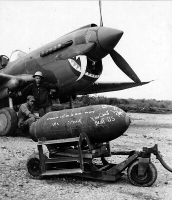 WW2 WWII Photo World War Two / P-40 Warhawk Fang Nose Art & Bomb ...
