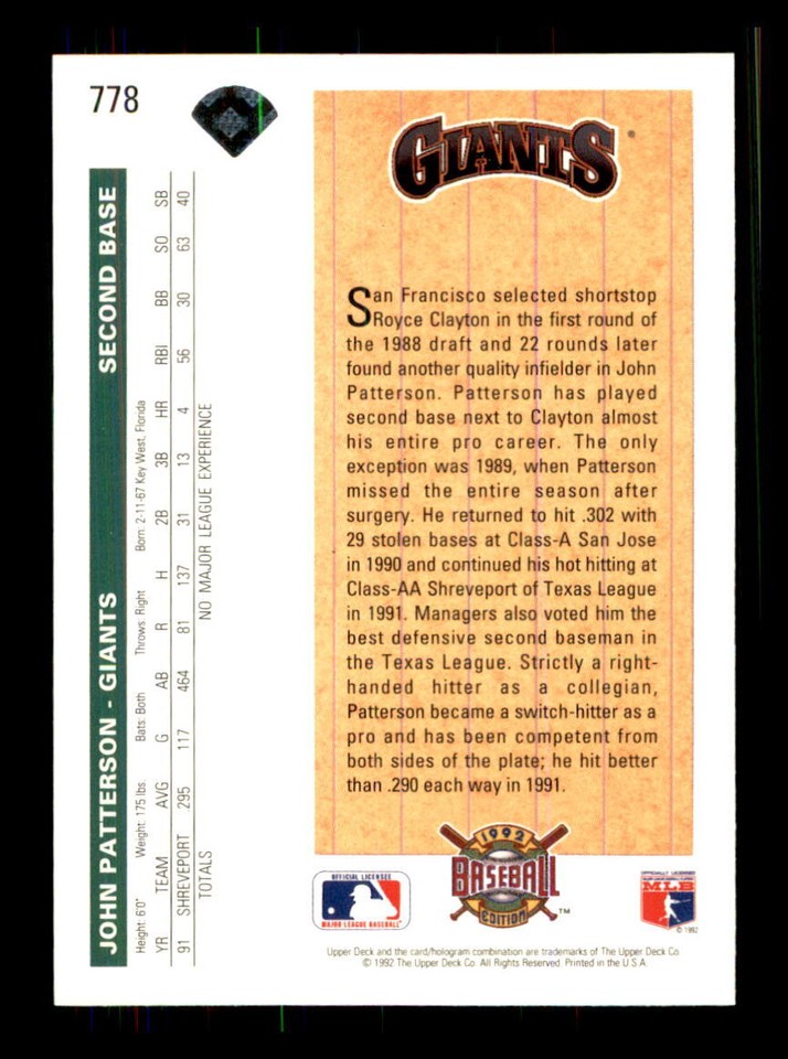 1992 BASEBALL 1992 Upper Deck John Patterson San Francisco Giants #778 ...