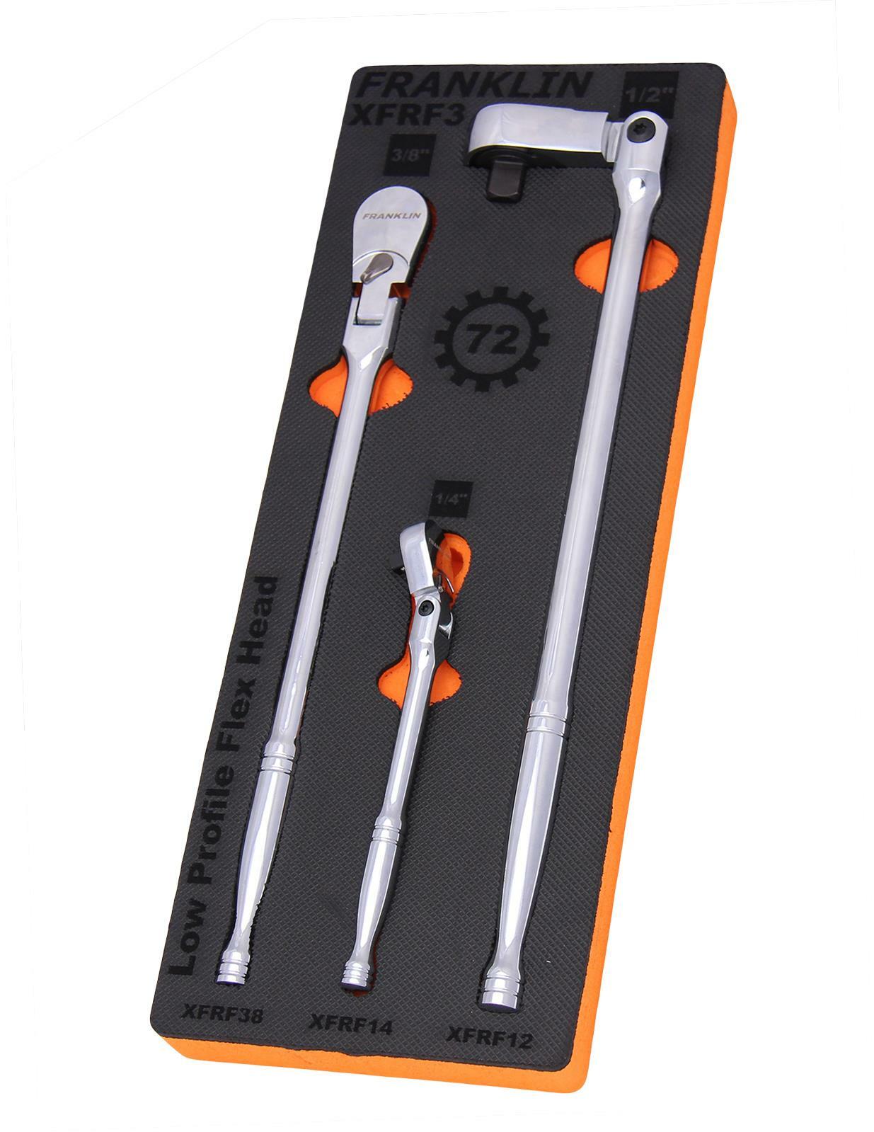 Franklin 3 Piece Low Profile Flex Head Ratchet Set 72T 1/4in, 3/8in, 1 ...