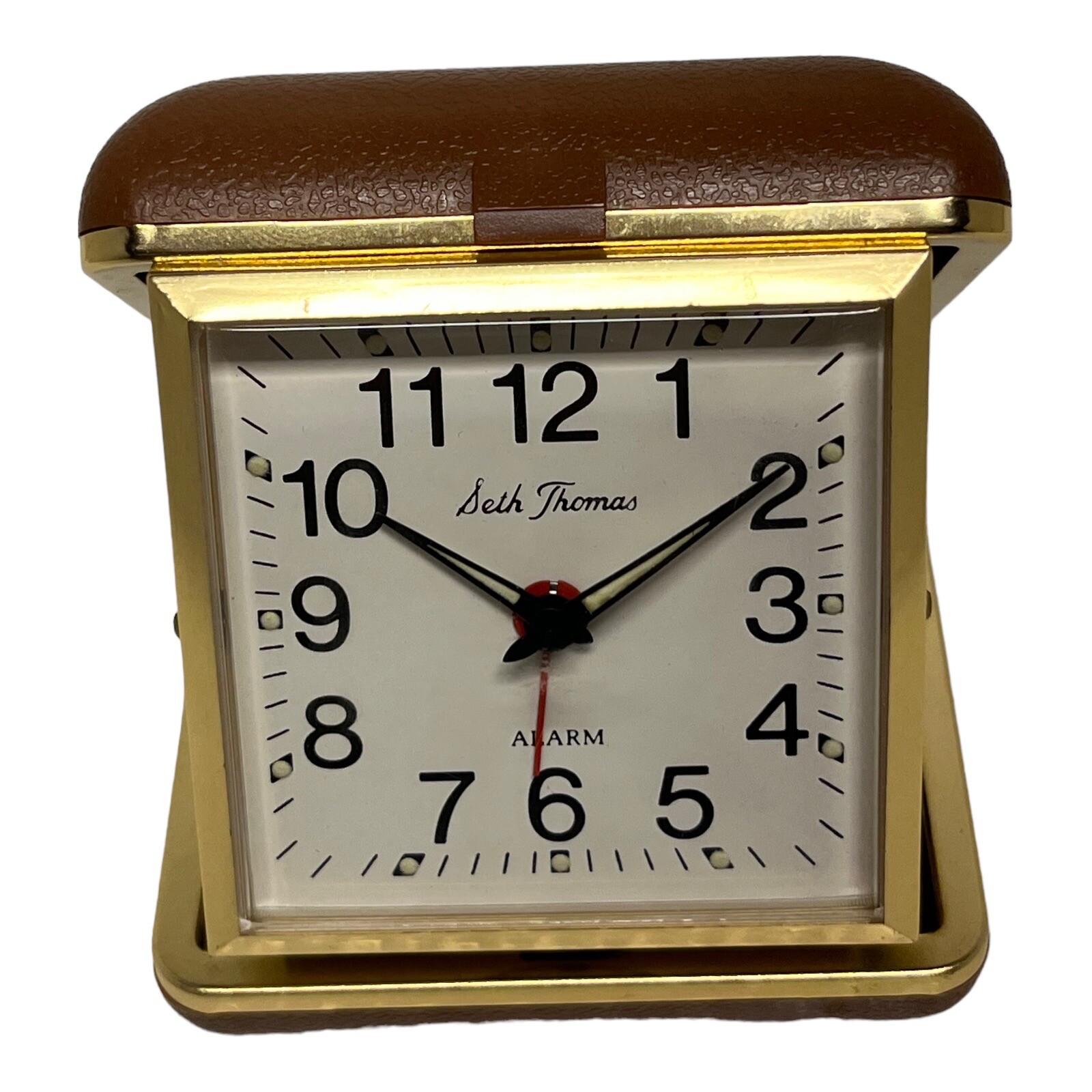 Seth Thomas Folding Wind Up Travel Alarm Clock Brown Clamshell Case ...