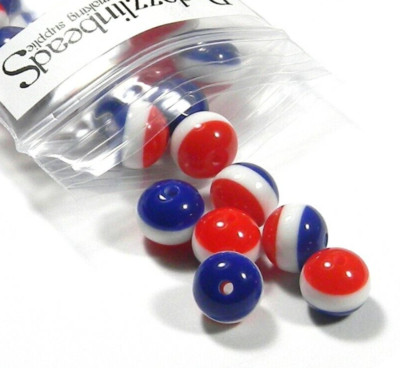 8 Red White & Blue Striped 10mm Round Plastic Acrylic Ball Beads with ...