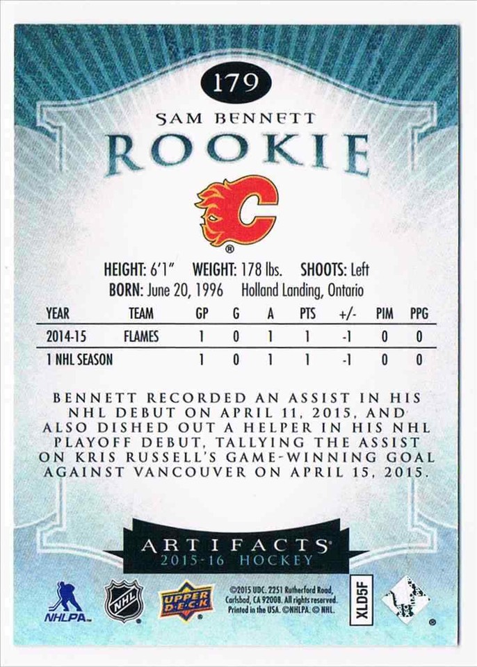 2015-16 ARTIFACTS ROOKIE SAM BENNETT ROOKIE 369/999 CALGARY FLAMES #170 ...
