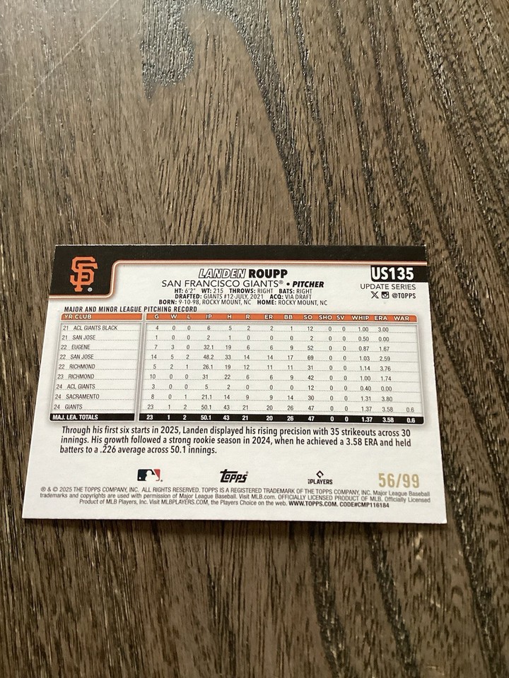 LANDEN ROUPP 2025 TOPPS UPDATE SERIES BASEBALL GREEN FOIL GIANTS #’d To ...