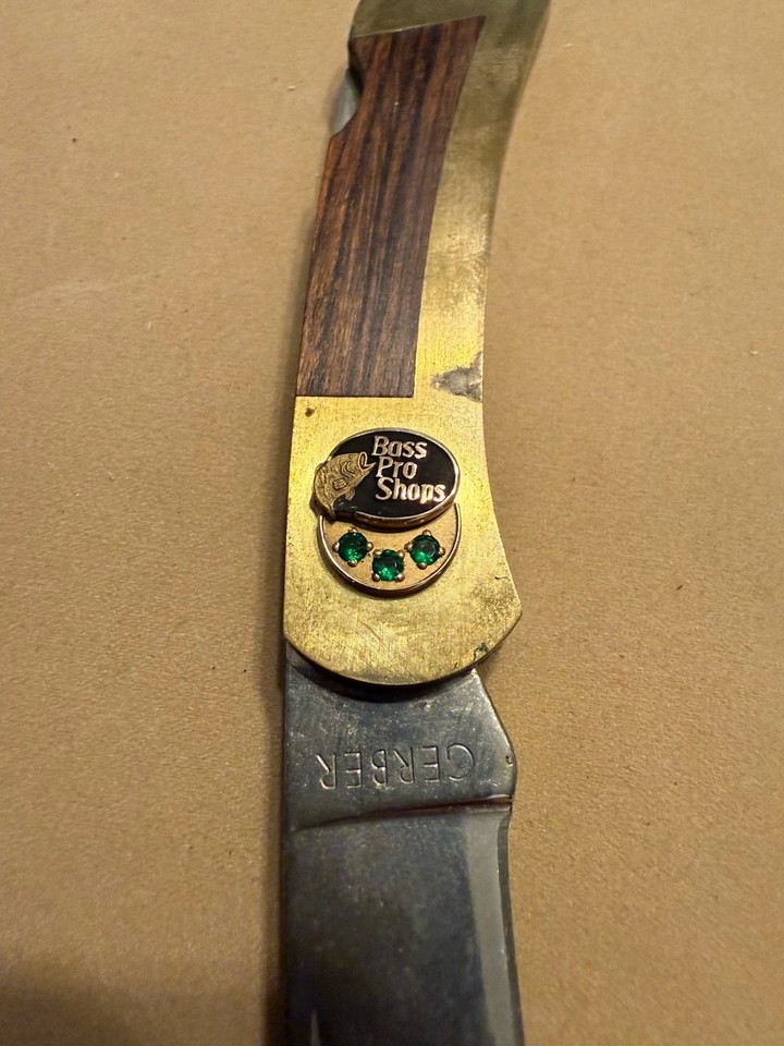 Gerber Bass Pro Shops Pocketknife Wood Brass Handle Drop Point Blade w ...