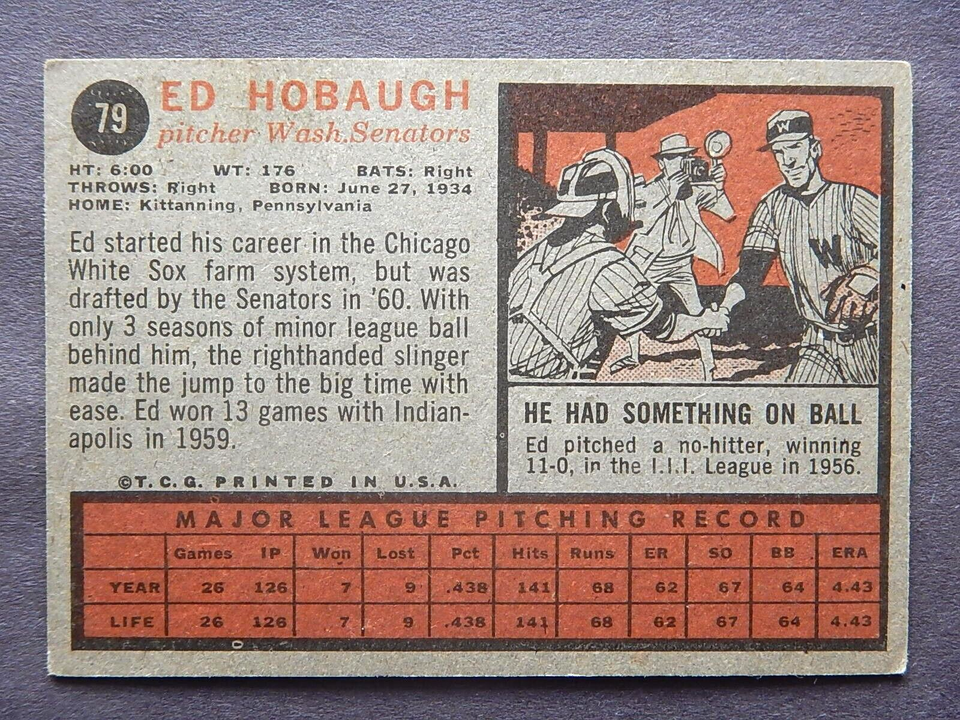Ed Hobaugh #79 Topps 1962 Baseball Card (Washington Senators) *VG | eBay