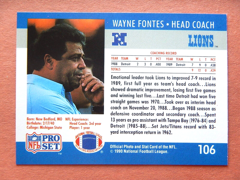 Wayne Fontes #106 Pro Set 1990 Football Card (Detroit Lions) E | eBay