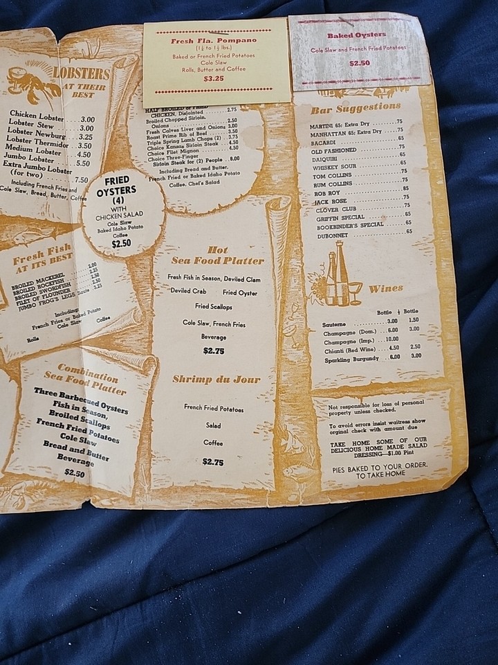 Early 1950s MENU FROM OLD ORIGINAL BOOKBINDERS PHILADELPHIA | eBay