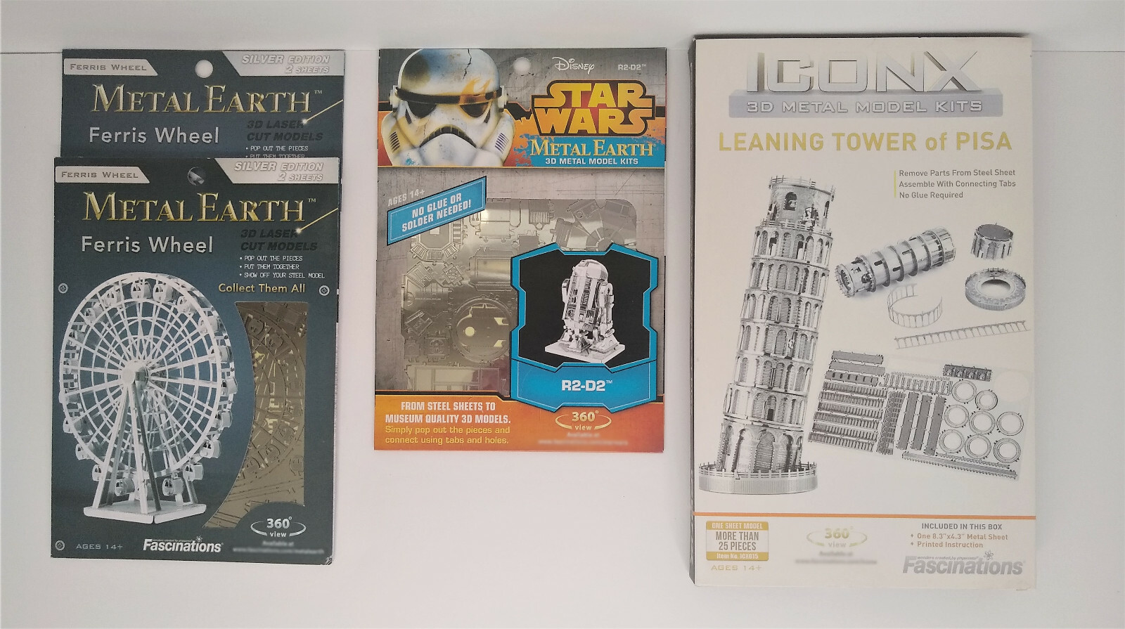 3 Metal Earth & 1 IconX Models Leaning Tower Pisa R2D2 Ferris Wheel ...
