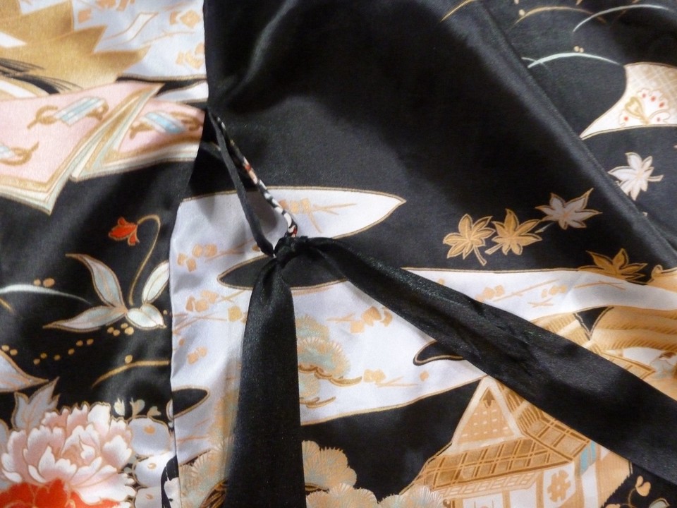 Vintage Ichi Ban Japan Kimono Robe Black Floral Geisha Multicolor ...