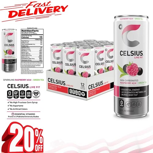 CELSIUS Raspberry Acai Green Tea, Functional Essential Energy Drink 12 ...