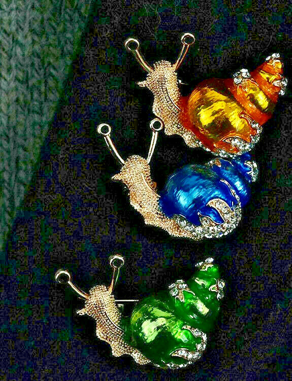 Adorable Rhinestone SNAIL Shell Goldtone Navy Blue SWIRL Enamel Brooch ...
