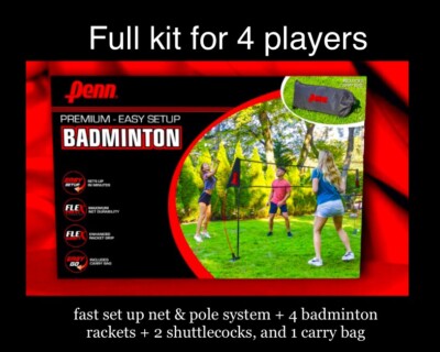 Penn Premium Easy Setup Badminton Set: Net + 4 Rackets + Shuttlecocks ...