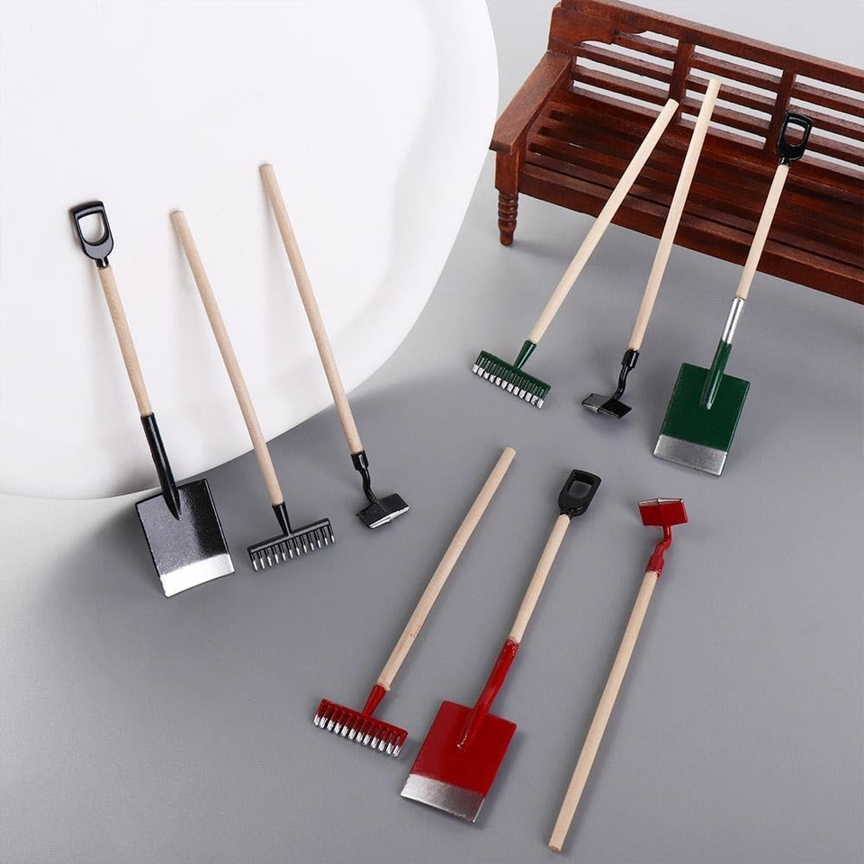 3Pcs Miniature Garden Tools 1:12 Mini Shovels and Rake Farm Tools Fairy ...