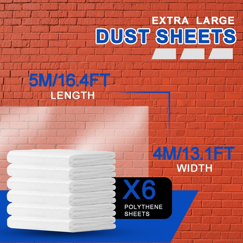6pcs 4m x 5m Extra Large Plastic Dust Sheets for Decorating & Normal 6 ...