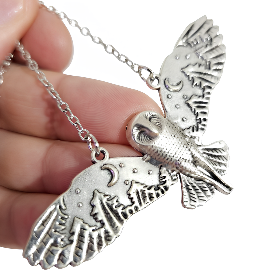 Owl Pendant Moon Phase Necklace 20" Chain Totem Amulet Silver Tone ...