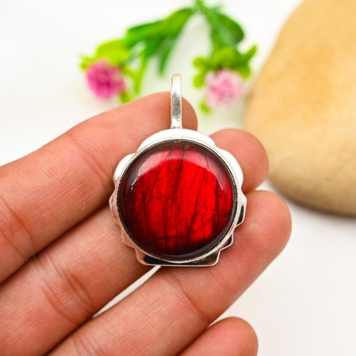 Red Flash Labradorite Gemstone Pendant Handmade 925 Sterling Silver ...