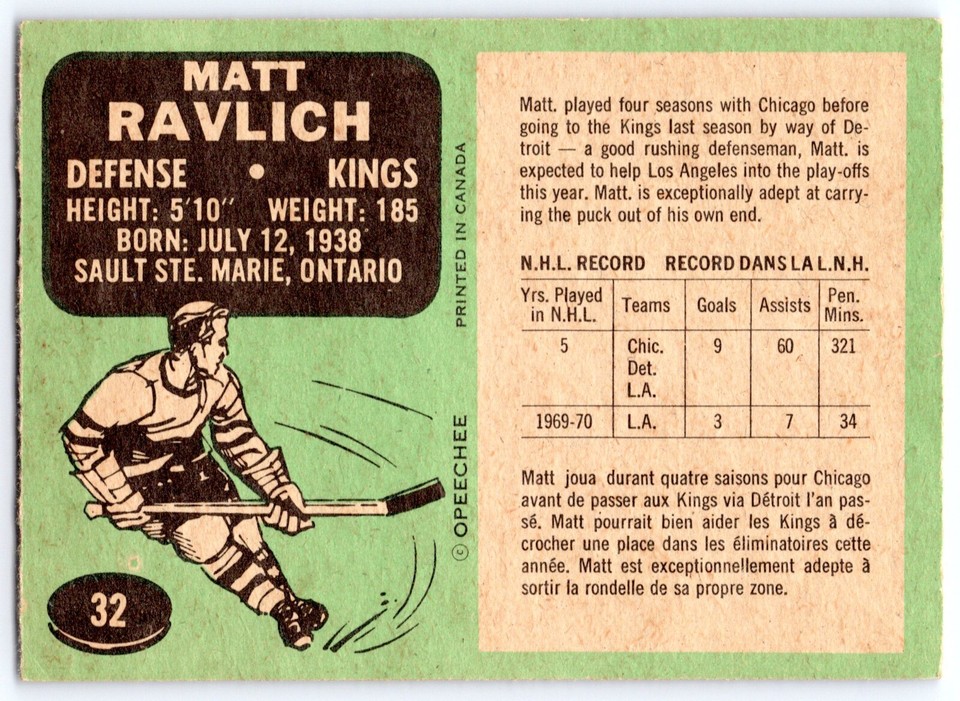 MATT RAVLICH 1970-71 O-PEE-CHEE 70-71 NO 32 VGEX+ 44124 | eBay