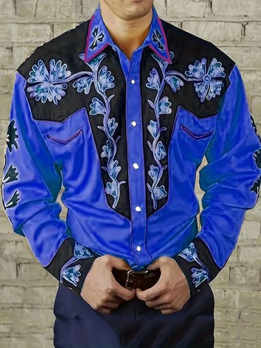 Blue Floral Luxury Men Western Cowboy Long Sleeve Button Up Shirt ...