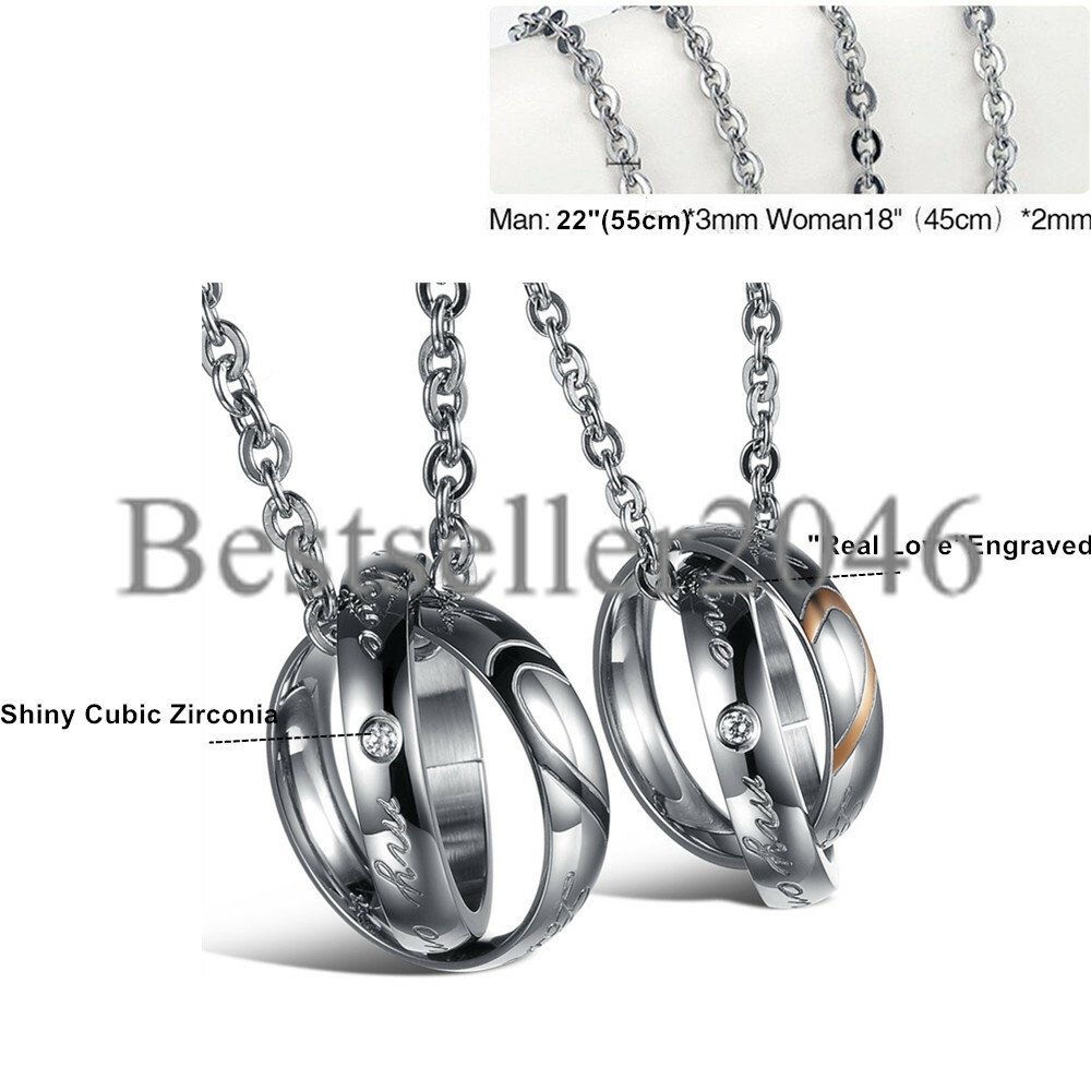 "Real Love" Heart Matching Stainless Steel Interlocking Ring CZ Couple ...