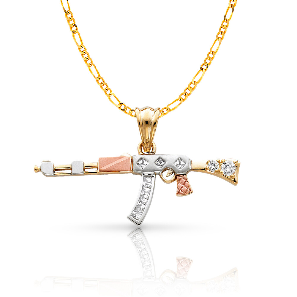 14K Tri Color Gold CZ Rifle Gun Charm Pendant & 3.8mm Figaro 3+1 Chain ...