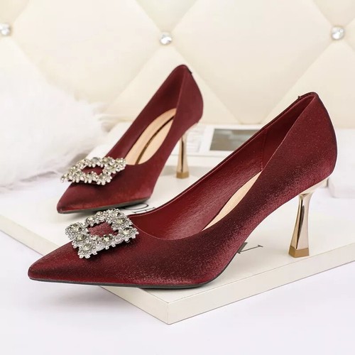 Éscarpins Chaussures Femme Rouge en Velours Strass 7 CM Élégant Cuir PU ...