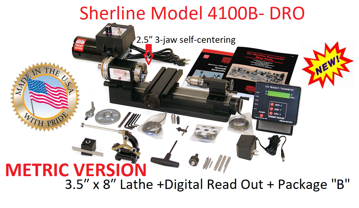SHERLINE 4100B DRO 3.5" X 8" LATHE (METRIC) + The "B" Package + Digital ...