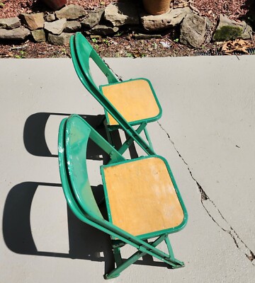 2 Vintage 1950s Industrial Metal Green Children's Folding 2 Vintage 1950s Industrial Metal Green Children's Folding