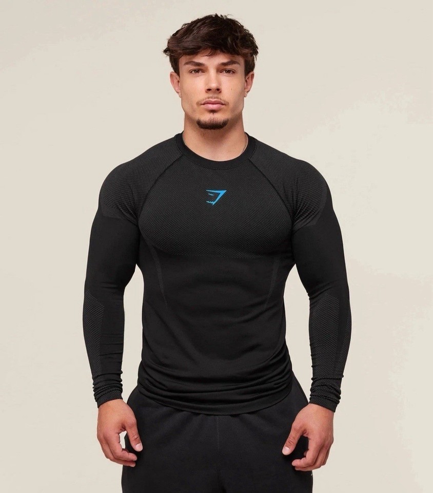 Gymshark Onyx 5.0 Seamless Long Sleeve T-Shirt Black Grey Blue - Large ...