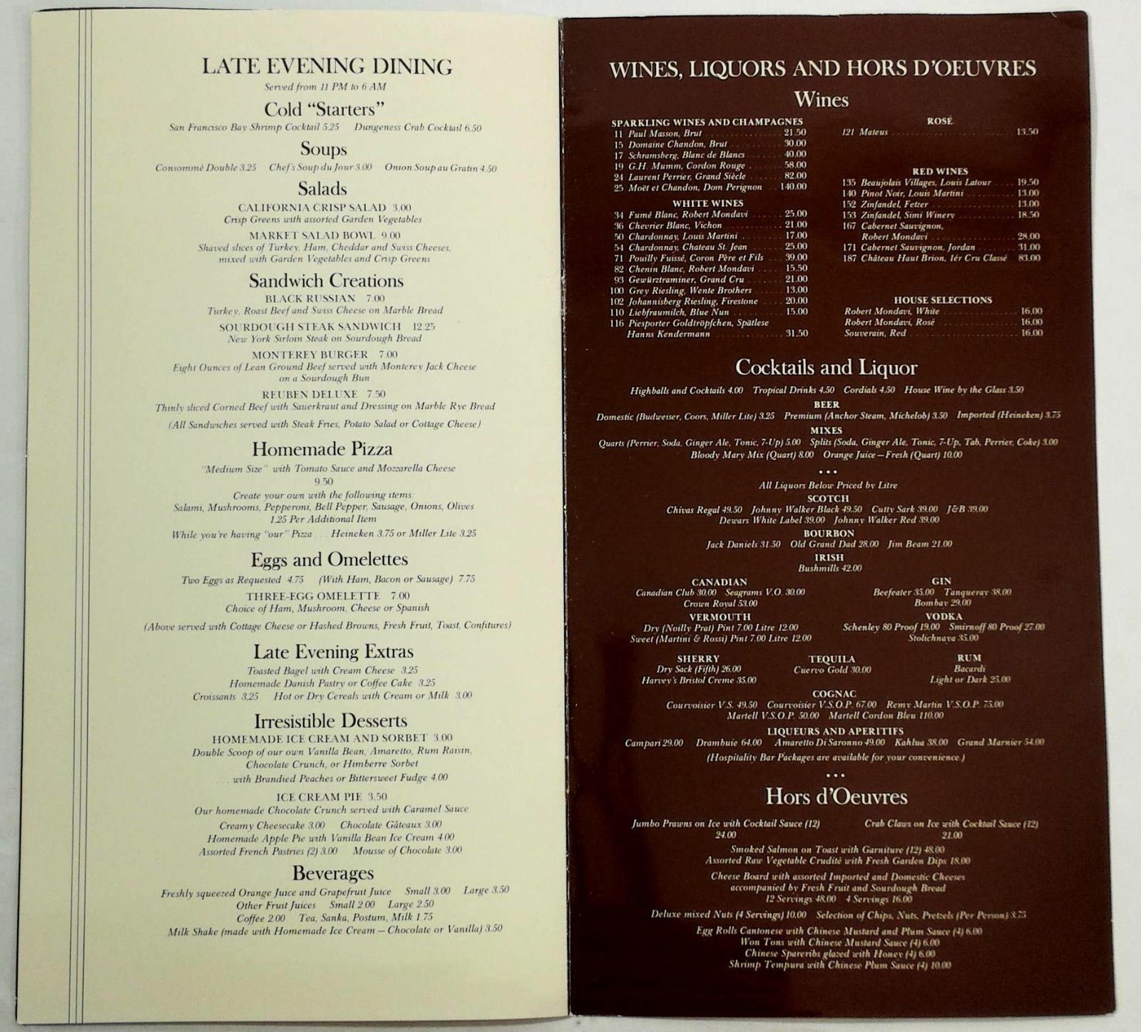1982 Vintage Original ROOM SERVICE Menu HYATT REGENCY San Francisco Ca ...