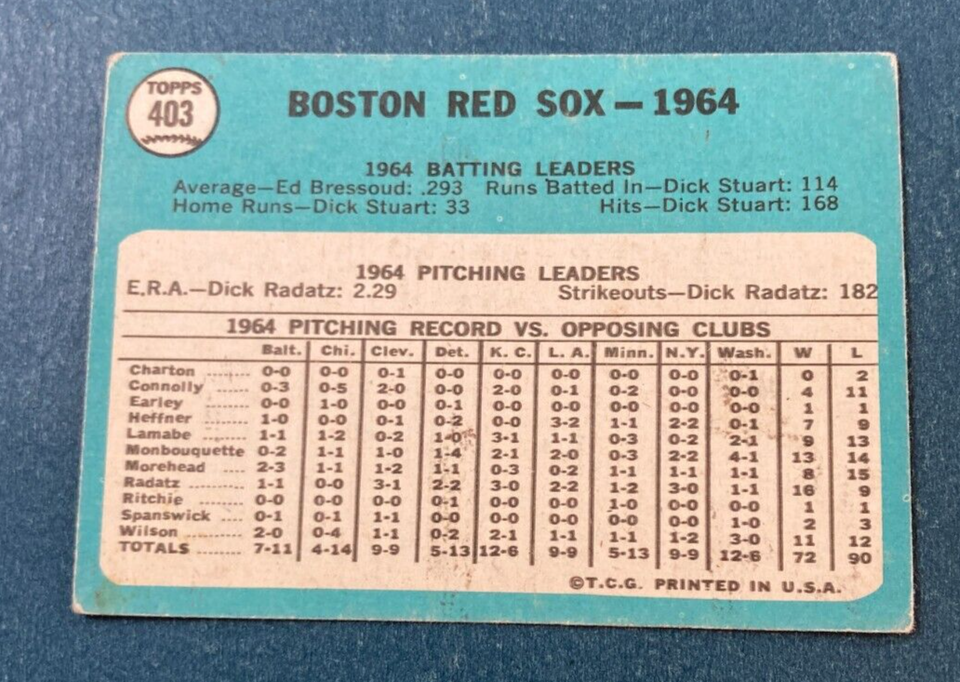 1965 TOPPS #403 BOSTON RED SOX TEAM BASEBALL CARD FREE SHIP | eBay