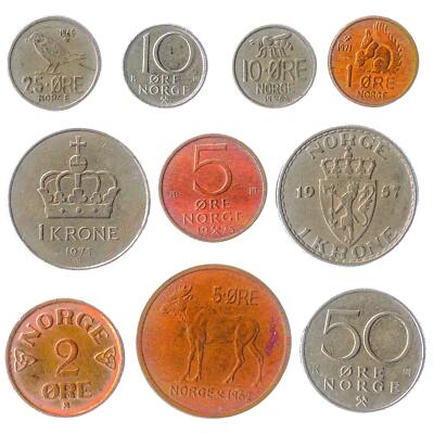 10 DIFFERENT NORWAY COINS. NORWEGIAN ORE, KRONER. SCANDINAVIAN MONEY ...